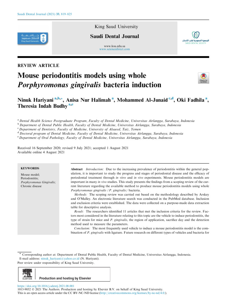 Mouse Periodontitis Models Using Whole Porphyromonas Gingivalis ...