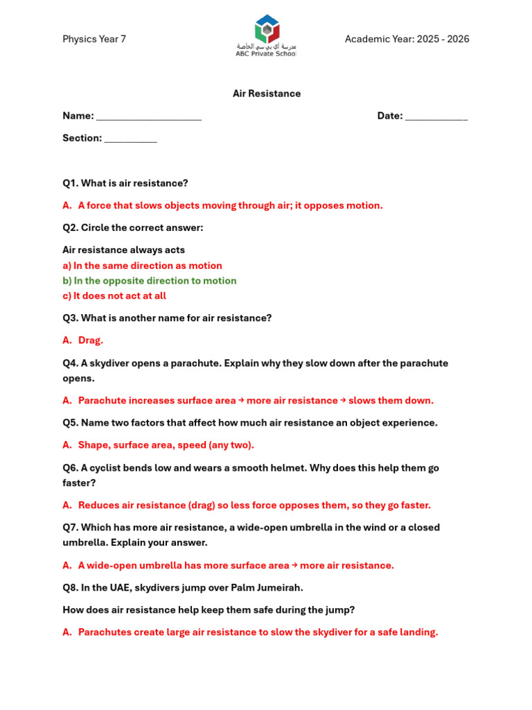 4- Air Resistance - Worksheet - Answer Sheet-3 | PDF