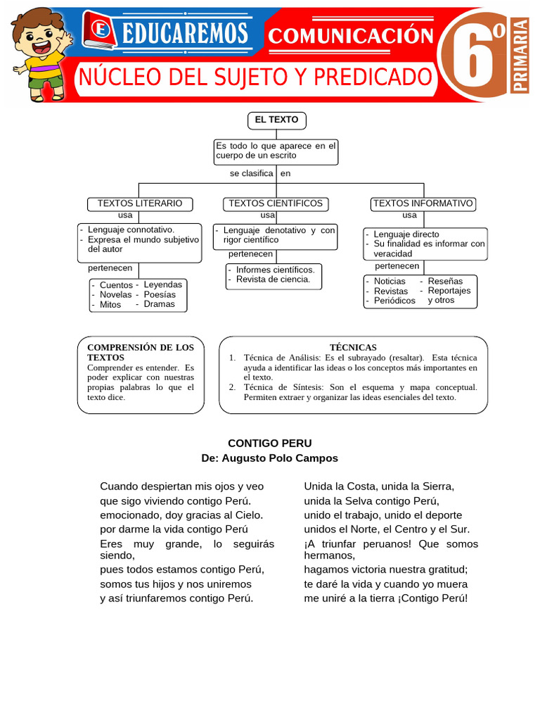 Nucleo Del Sujeto y Predicado para Sexto Grado de Primaria | PDF ...