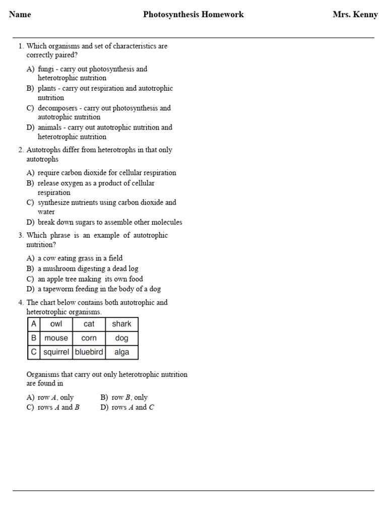 Photosynthesis Homework | PDF | Nutrition | Diet & Nutrition