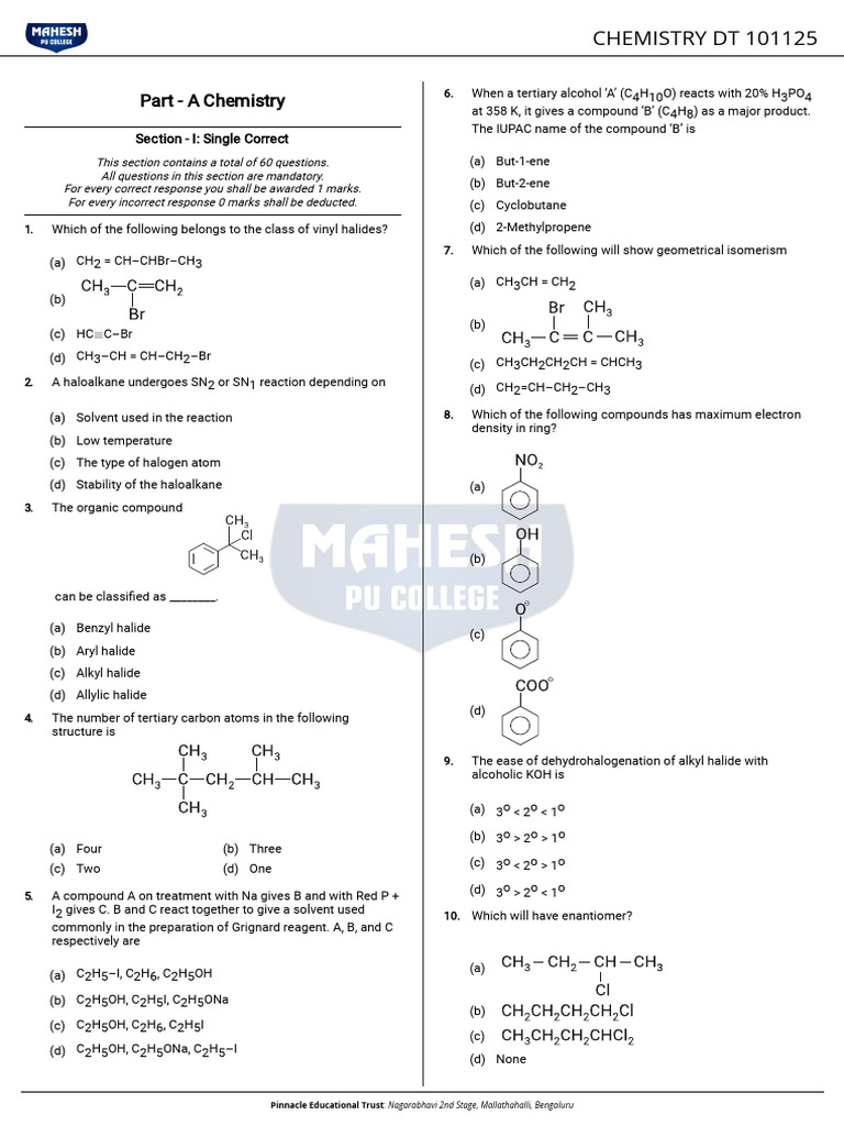CHEMISTRY DT 101125-TestPaper-1762771956 | PDF | Ketone | Chemistry