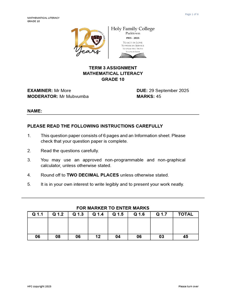 HFC GR 10 Mathematical Literacy Assignment 2025 | PDF
