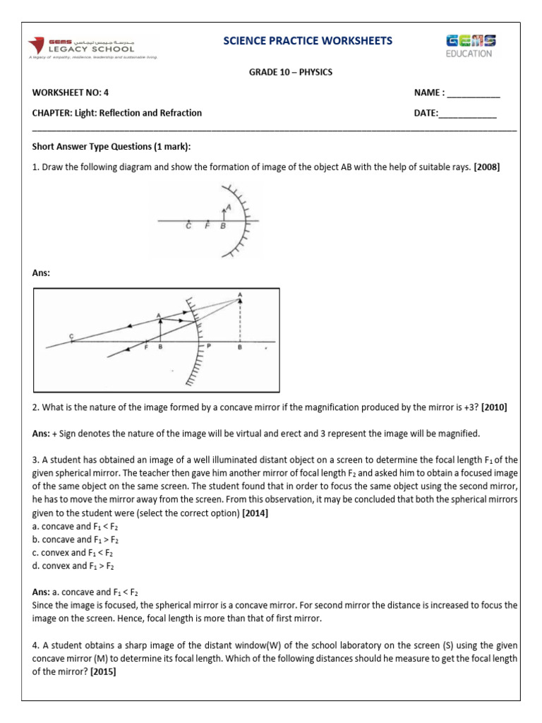 GR10 Light Worksheet 4 Answer Key | PDF | Applied And Interdisciplinary ...