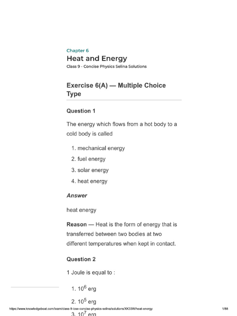 Heat and Energy, Class 9 - Concise Physics Selina Solutions | PDF