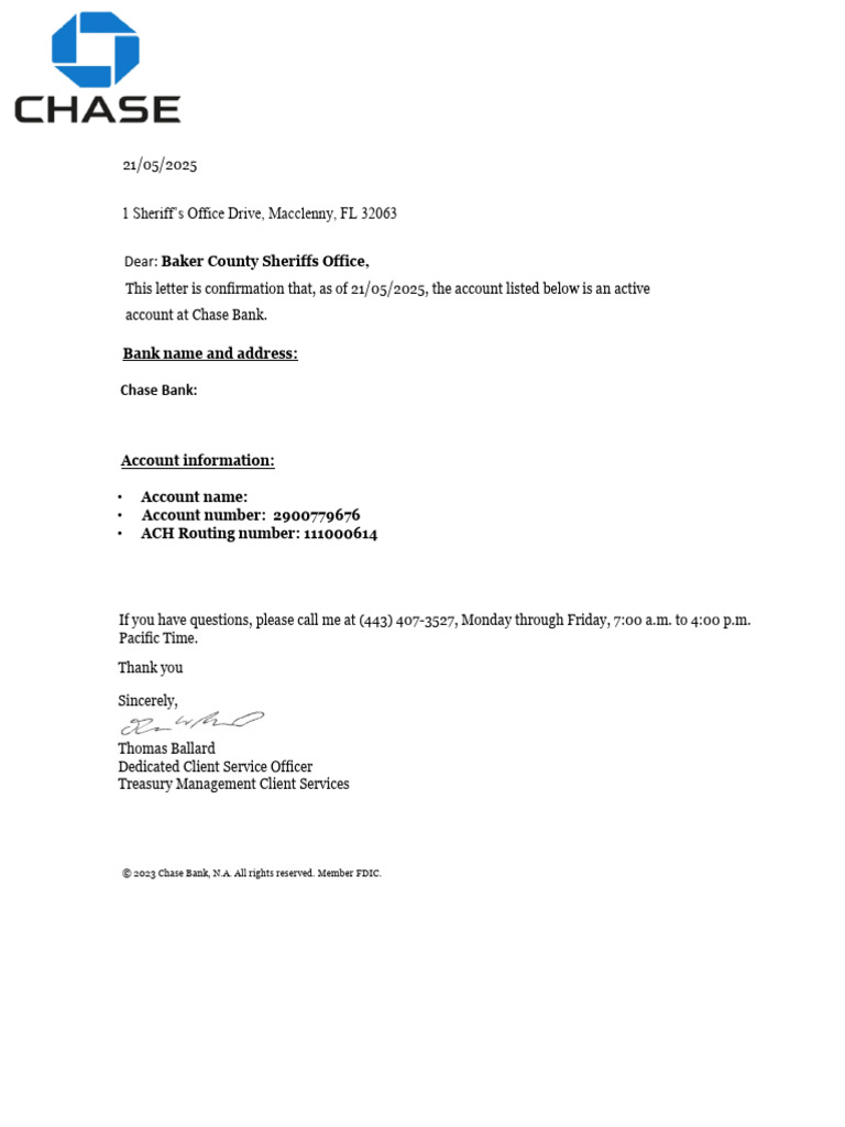 Chase Bank Confirmation Letter | PDF