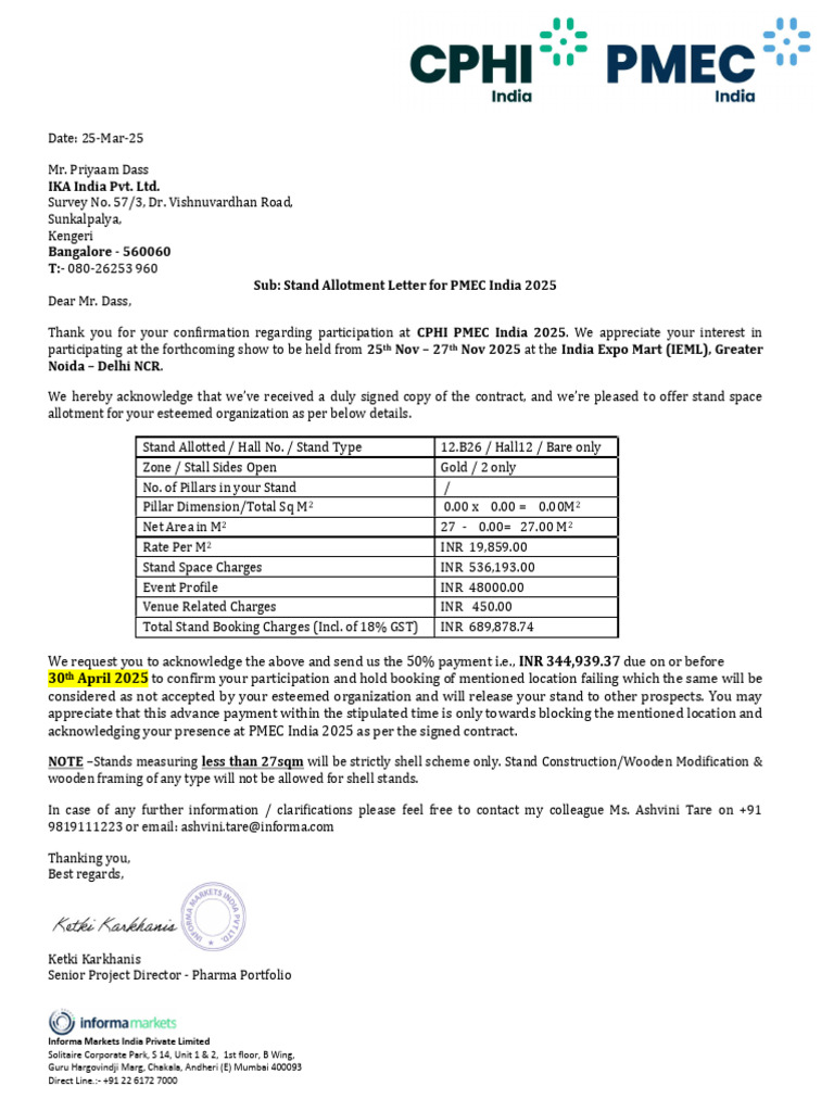 IKA India Pvt. LTD - PMEC India 2025 - Stand Allotment Letter | PDF