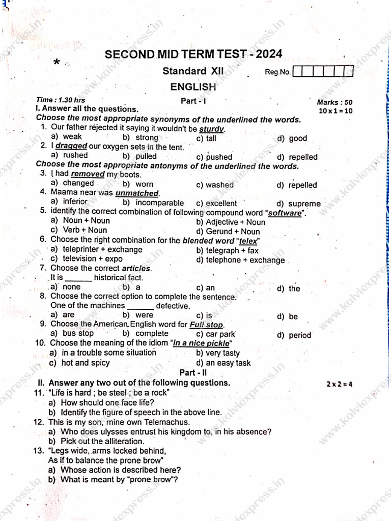 12Th English 2nd Mid TVR 2nd Midterm Question Paper 2024 | PDF