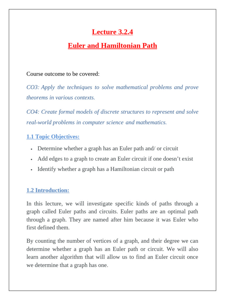 Lecture 3.2.4. (Euler and Hamiltonian Path) | PDF | Combinatorics ...