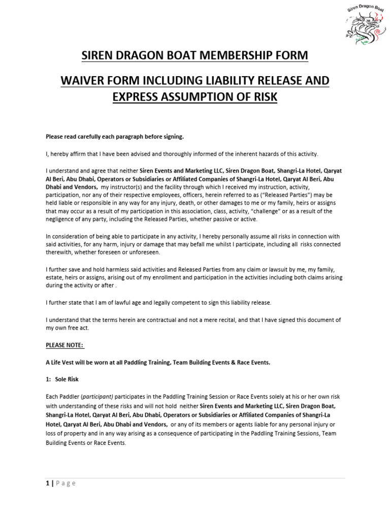Dragon Boat Membership Waiver Form | PDF | Legal Liability | Risk