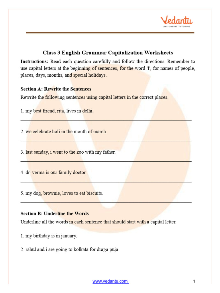 Class 3 English Grammar Capitalization Worksheet PDF | PDF