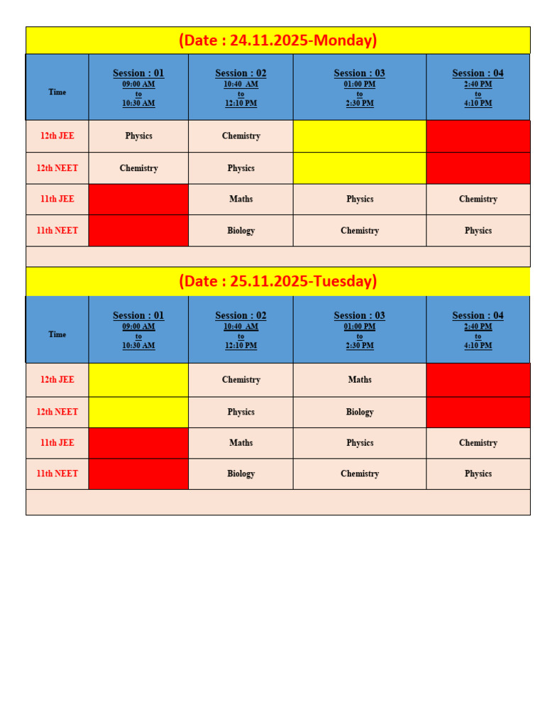 Schedule From 24th To 30th Nov 2025 | PDF | Standardized Tests ...