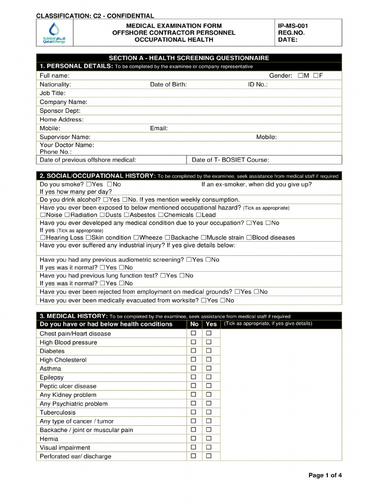 QatarEnergy OFFSHORECONTRACTORMEDICALASSESSMENTFORMPDFFILLABLE | PDF