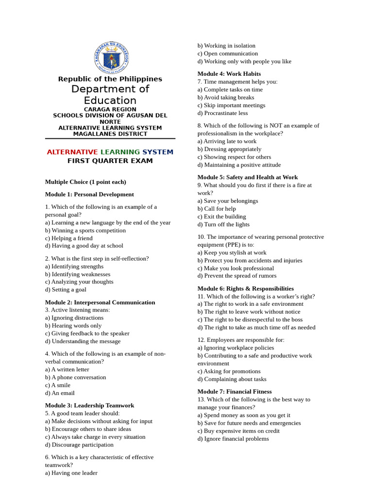 ALS First Quarter Exam: Personal Development | PDF | Leadership | Civic ...