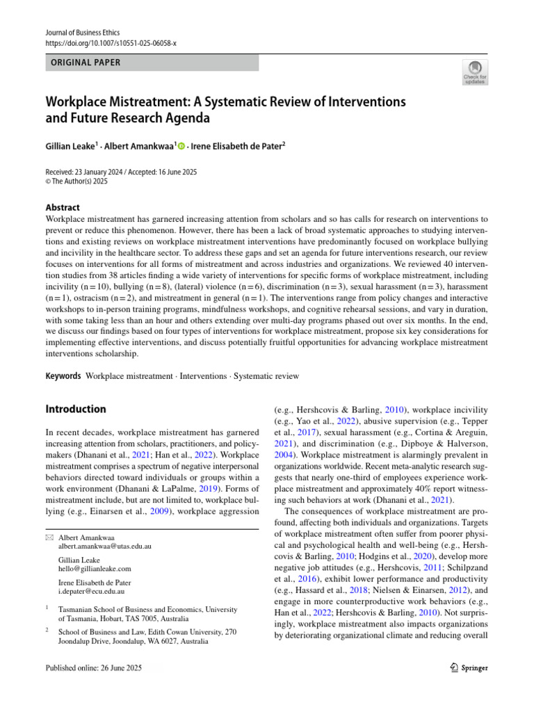 Workplace Mistreatment: A Systematic Review of Interventions and Future ...