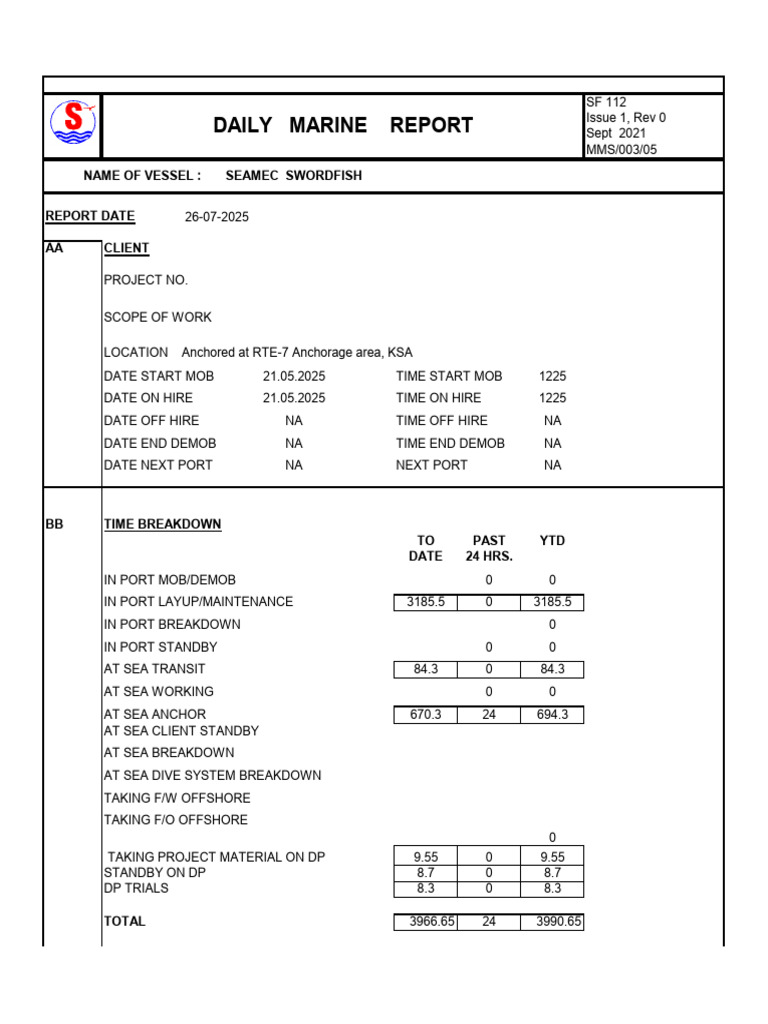 Daily Marine Report for SEAMEC SWORDFISH | PDF | Underwater Diving ...