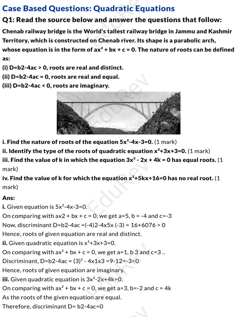 EduRev - Case Based Questions - Quadratic Equations | PDF | Quadratic ...