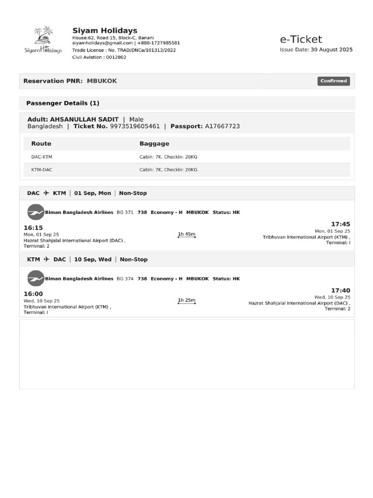 Ahsanullah Sadit Air Ticket Dac Ktm Dac (1) | PDF