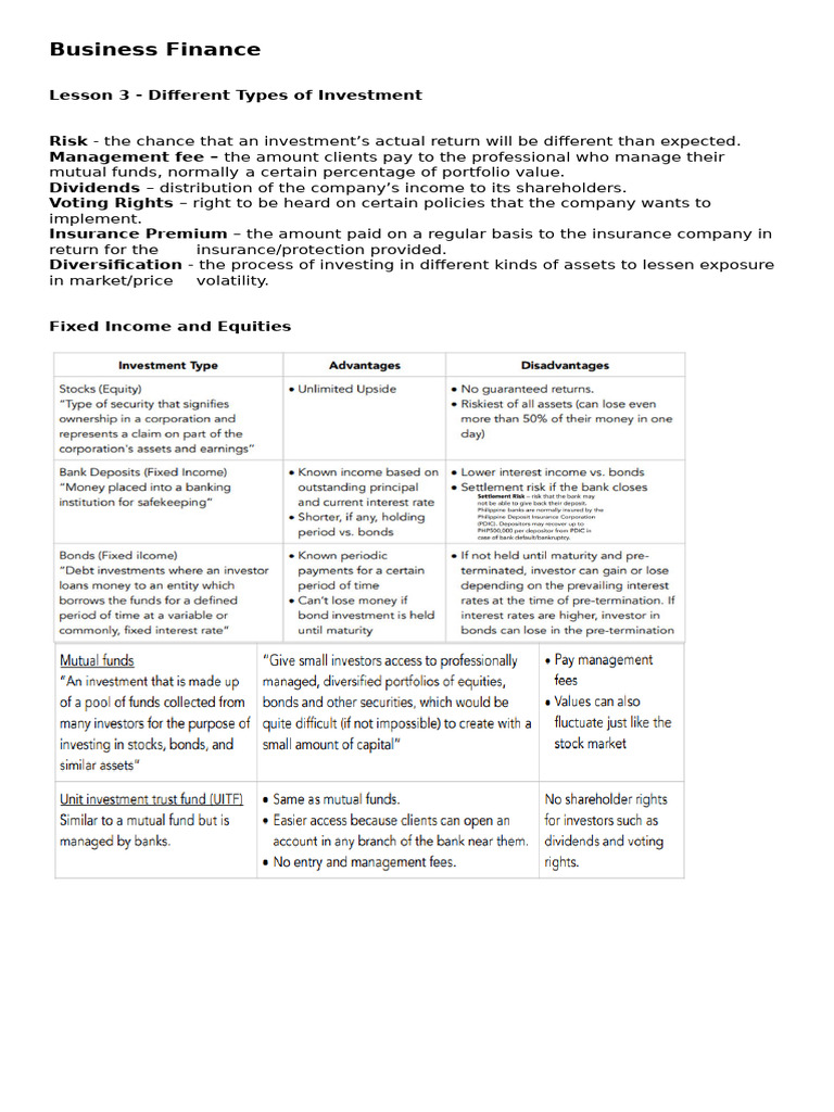 Business Finance Lesson 3 Reviewer | PDF