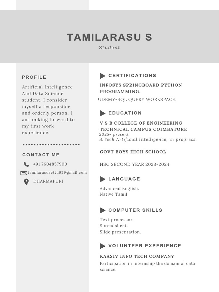 Tamilarasu S CV Resume | PDF
