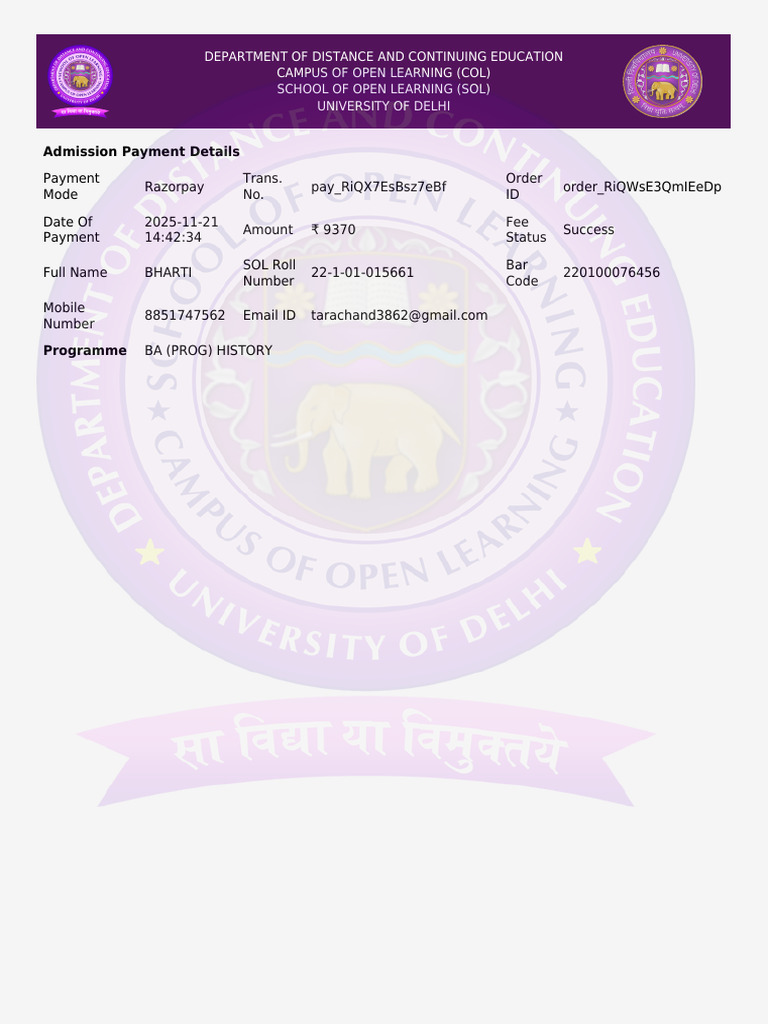 Student PG Admission Fee Receipt | PDF