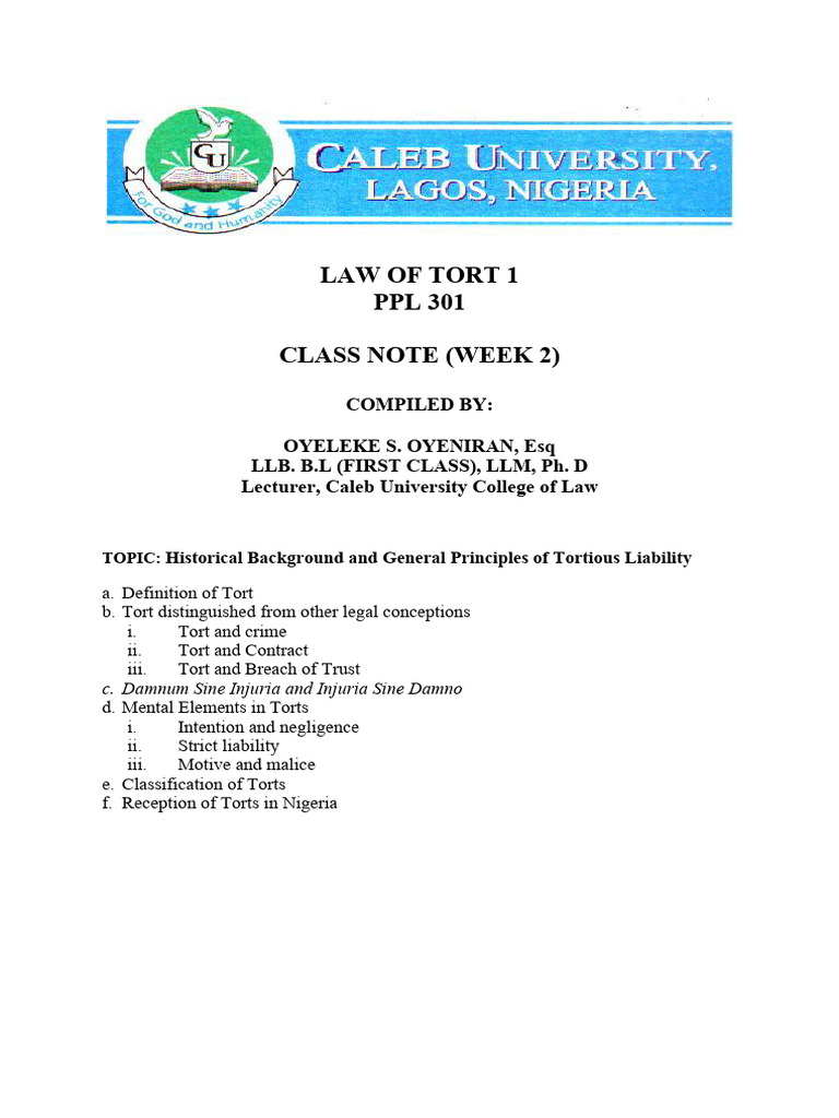 LAW OF TORT 1 Class Note | PDF | Tort | Negligence