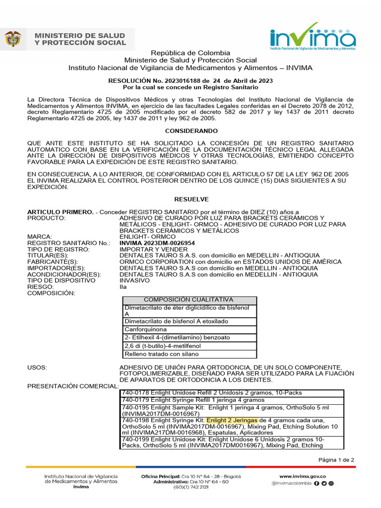 Registro Sanitario Adhesivo Ortodoncia | PDF