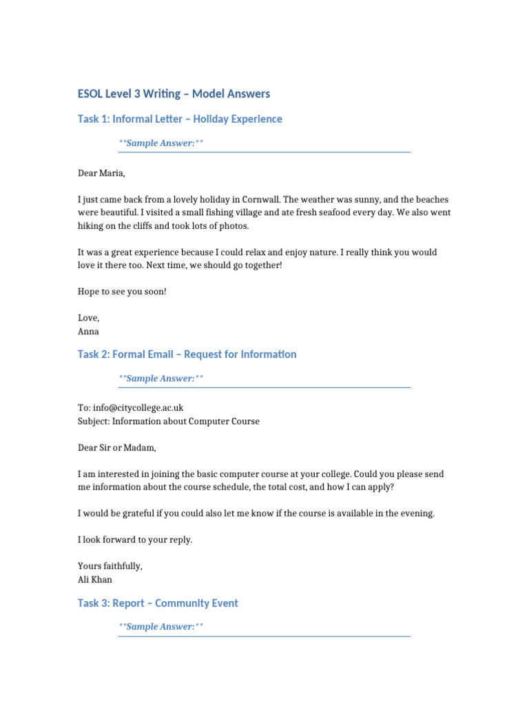 ESOL Level 3 Model Answers | PDF