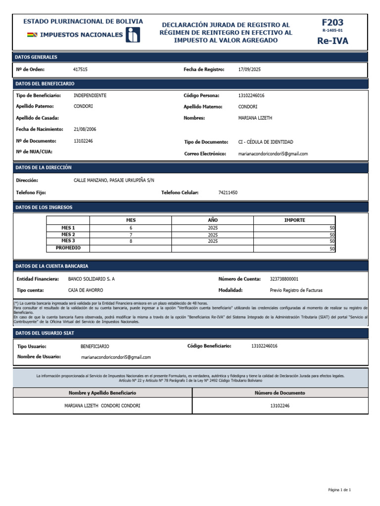 Declaración Jurada Re-IVA Bolivia 2025 | PDF | Bancos