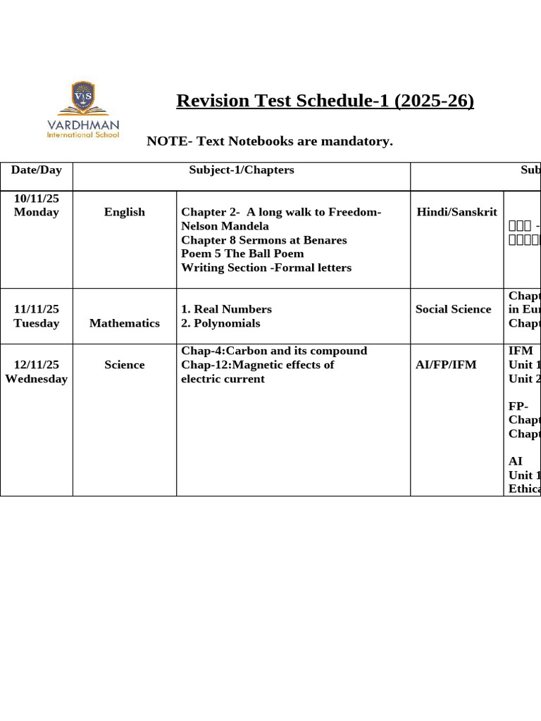Revision Test Schedule Grade 10 | PDF