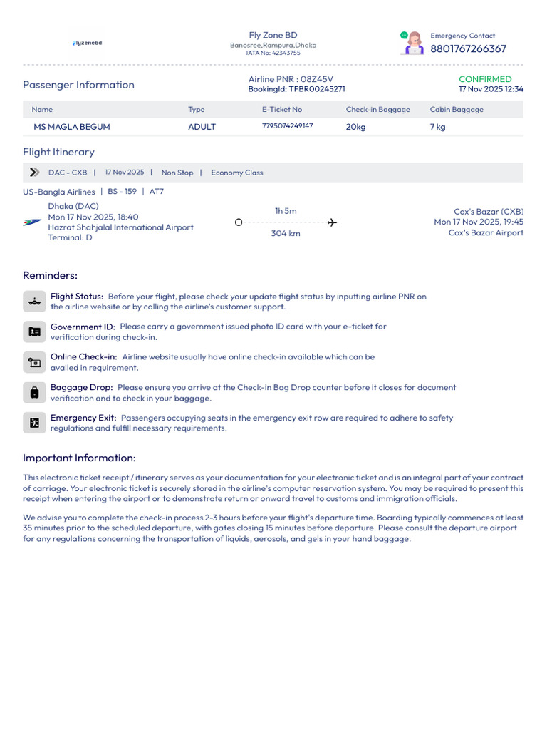 Magla Begum Tfbr00245271 | PDF | Aviation | Airlines