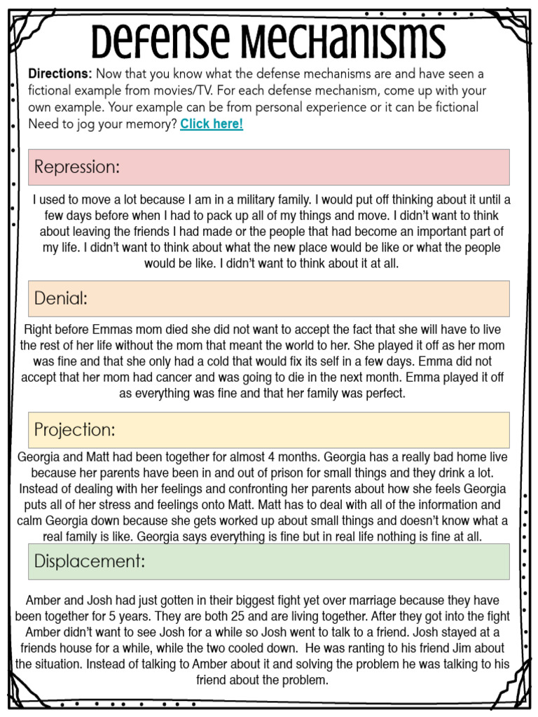 Defense Mechanism Worksheet Summer School | PDF