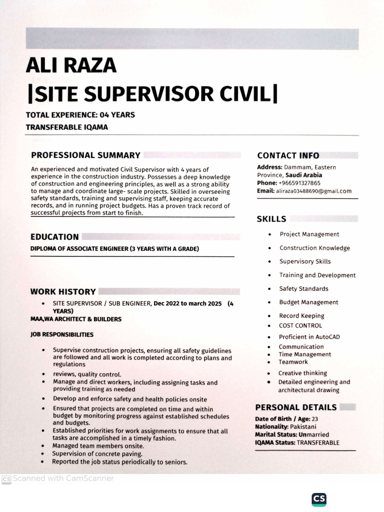 Ali Raza Civil Supervisor CV | PDF