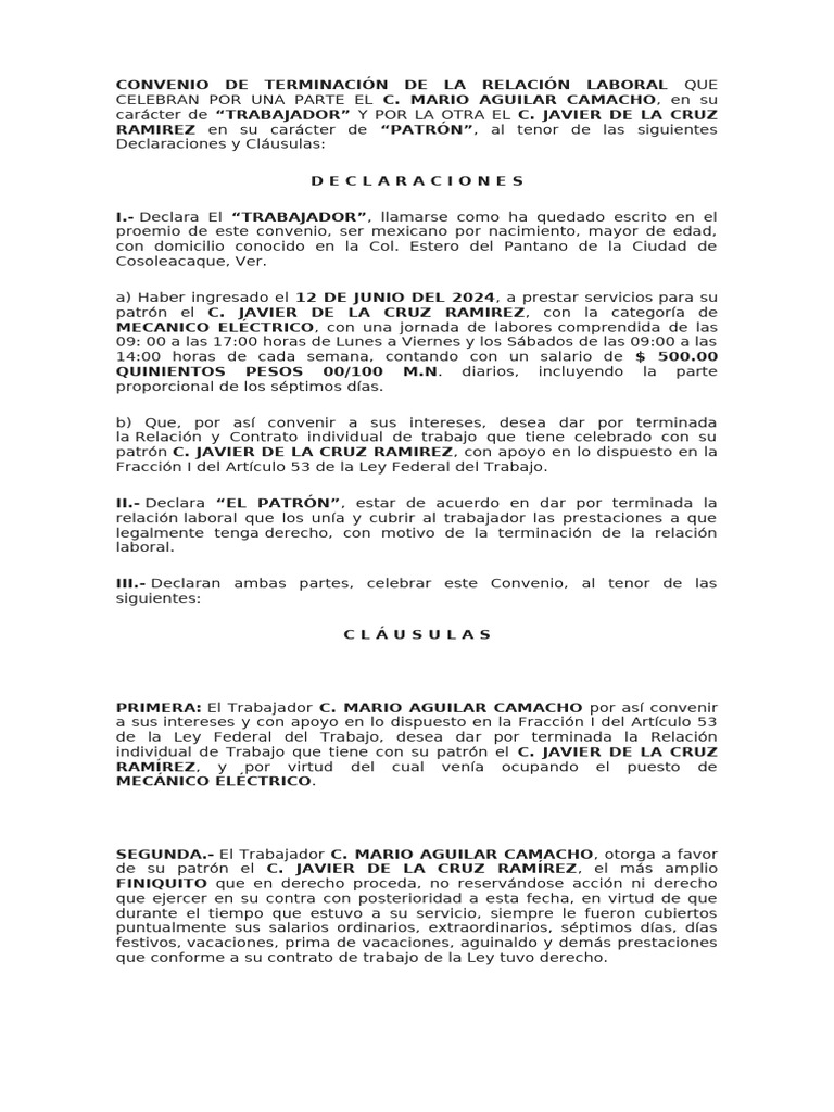 Convenio de Terminacion Laboral | PDF