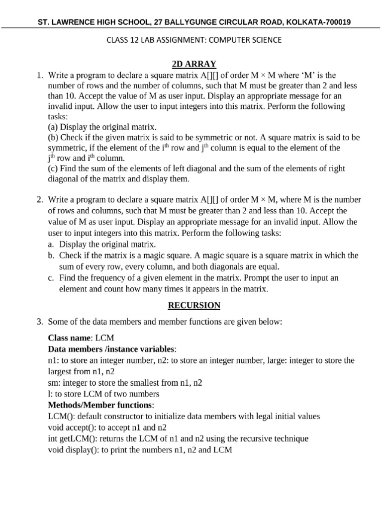 Class 12 Computer Science Lab Assignment | PDF