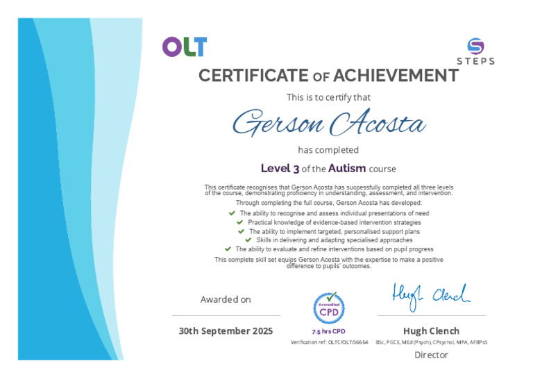 Certificate of Online Completion OLT AUTISM LEVEL 3 | PDF