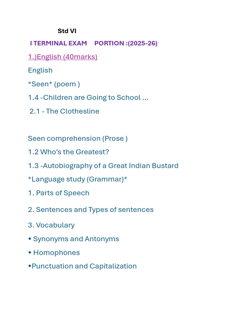 Std VI Terminal Exam Portion 2025-26 | PDF