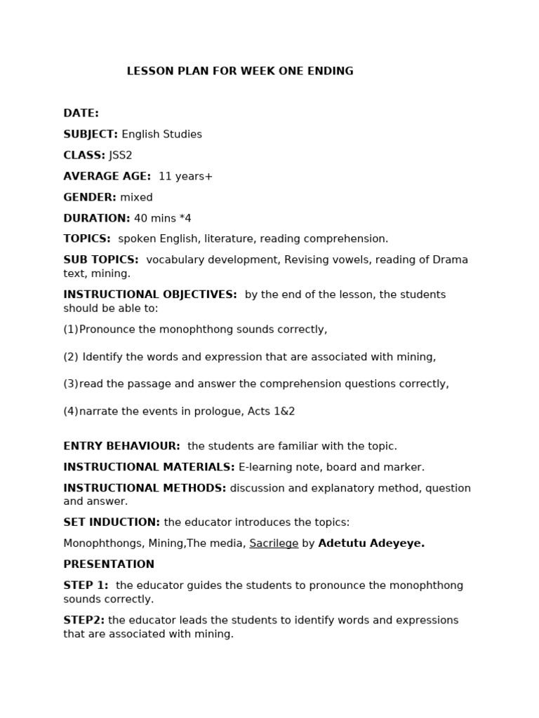 Lesson Plan For Third Term English Jss2 | PDF | English Language ...