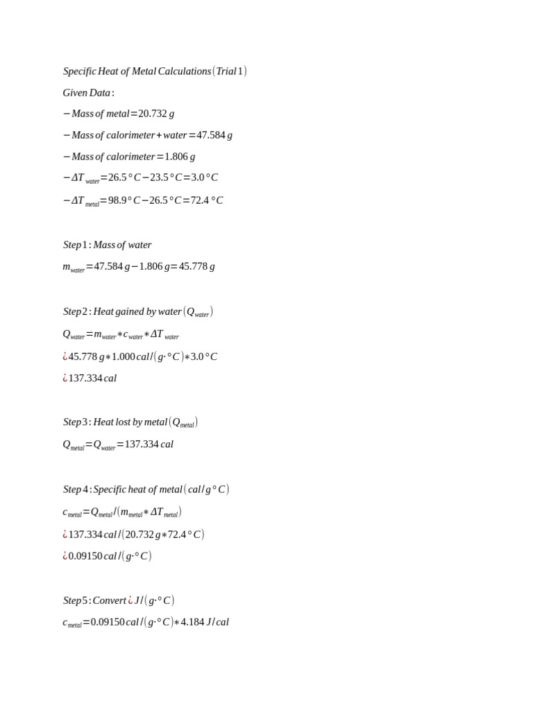 Specific Heat of Metal Calculations | PDF