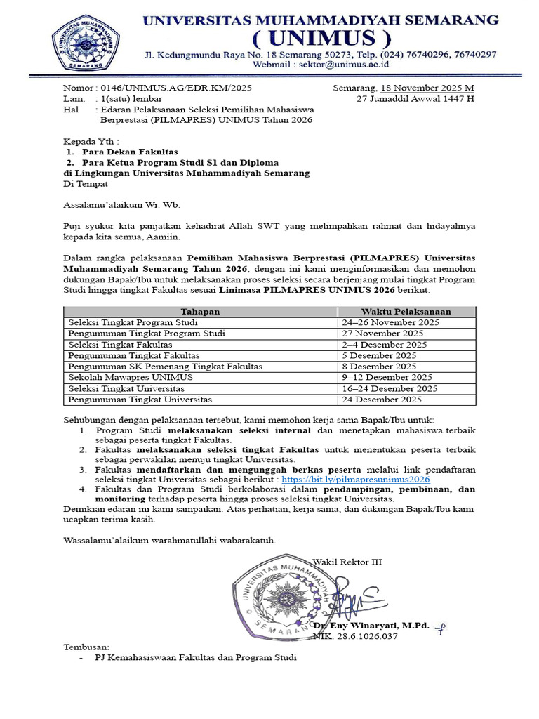Edaran Seleksi PILMAPRES UNIMUS 2026 | PDF