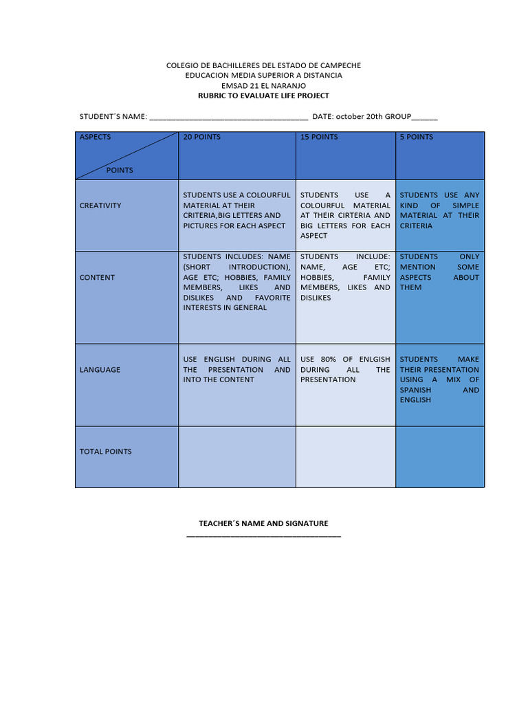 Rubric To Life Project | PDF