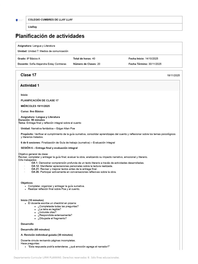 Planificación Clase 17: Lengua y Literatura | PDF | Cuentos | Aprendizaje