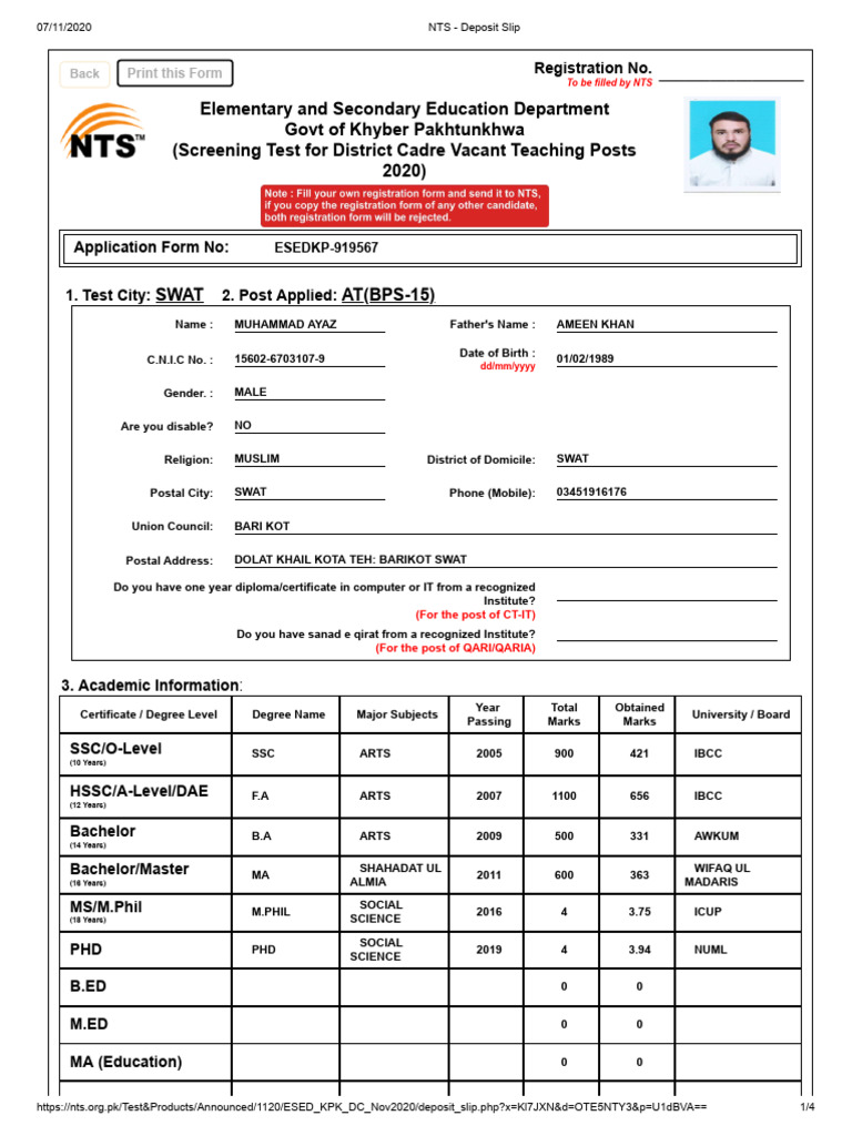 NTS - Deposit Slip at | PDF | Vocational Education | Pakistan