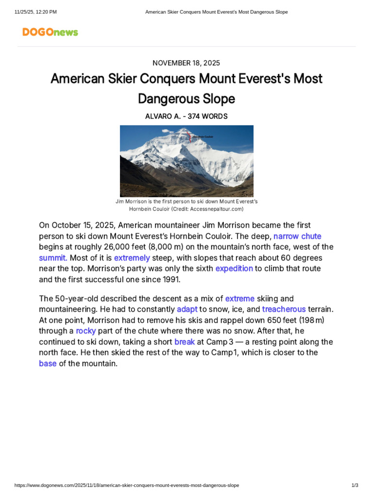 American Skier Conquers Mount Everest's Most Dangerous Slope | PDF ...