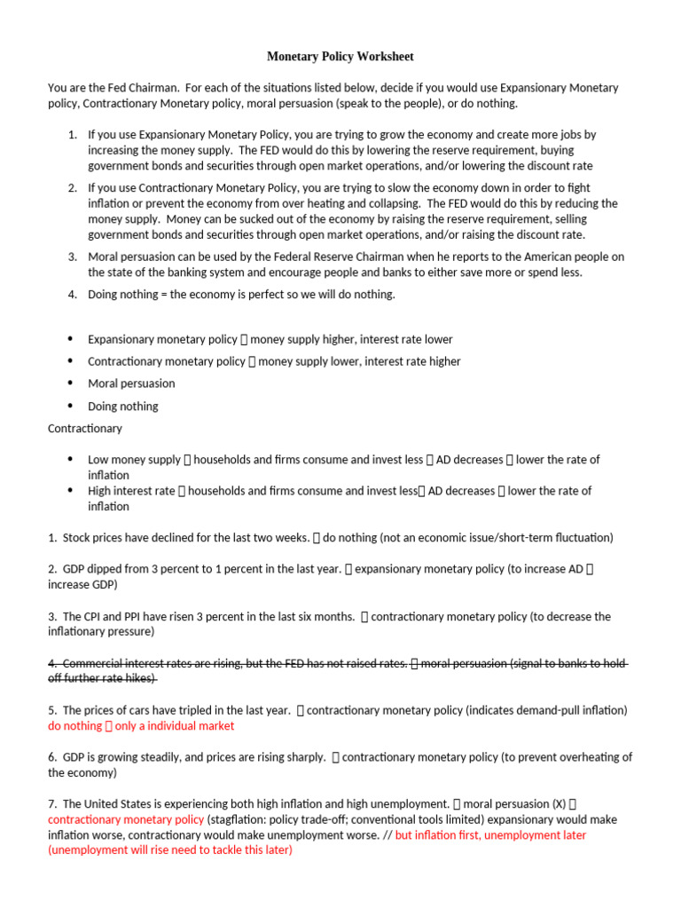 Monetary Policy Worksheet | PDF | Monetary Policy | Inflation
