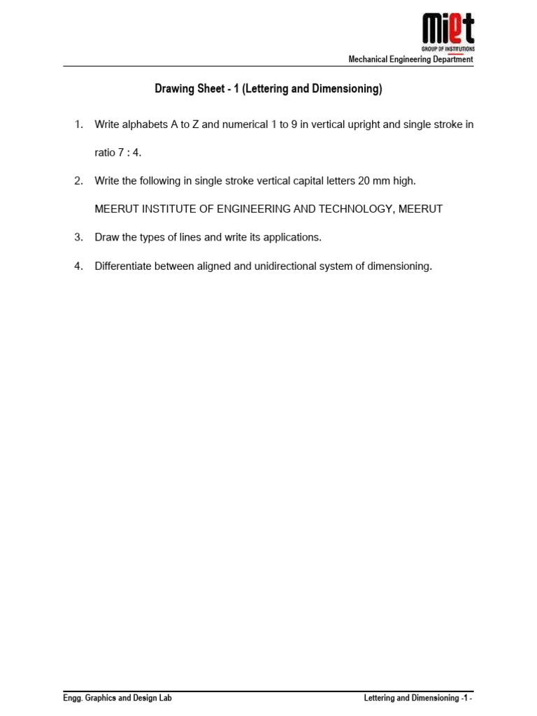 Drawing Sheet - 1 (Lettering and Dimensioning) : Mechanical Engineering ...
