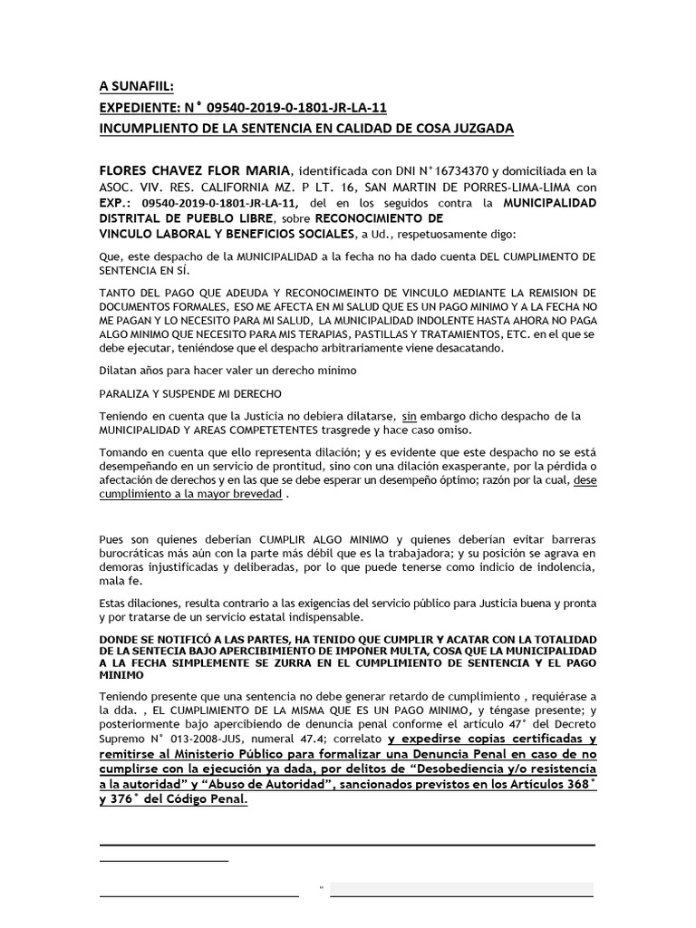 Flores Chavez Flor Maria - Cumplase Sentencia Derecho Minimo | PDF
