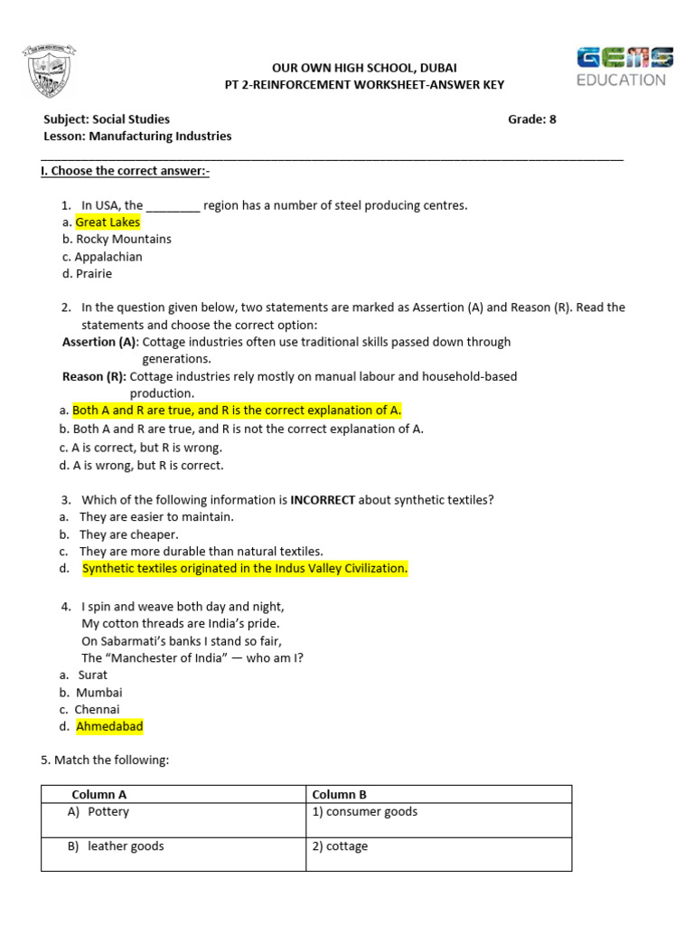 GR8-PT2 Reinforcement Worksheet-Manufacturing Industries-Answerkey | PDF | Textiles | Jute