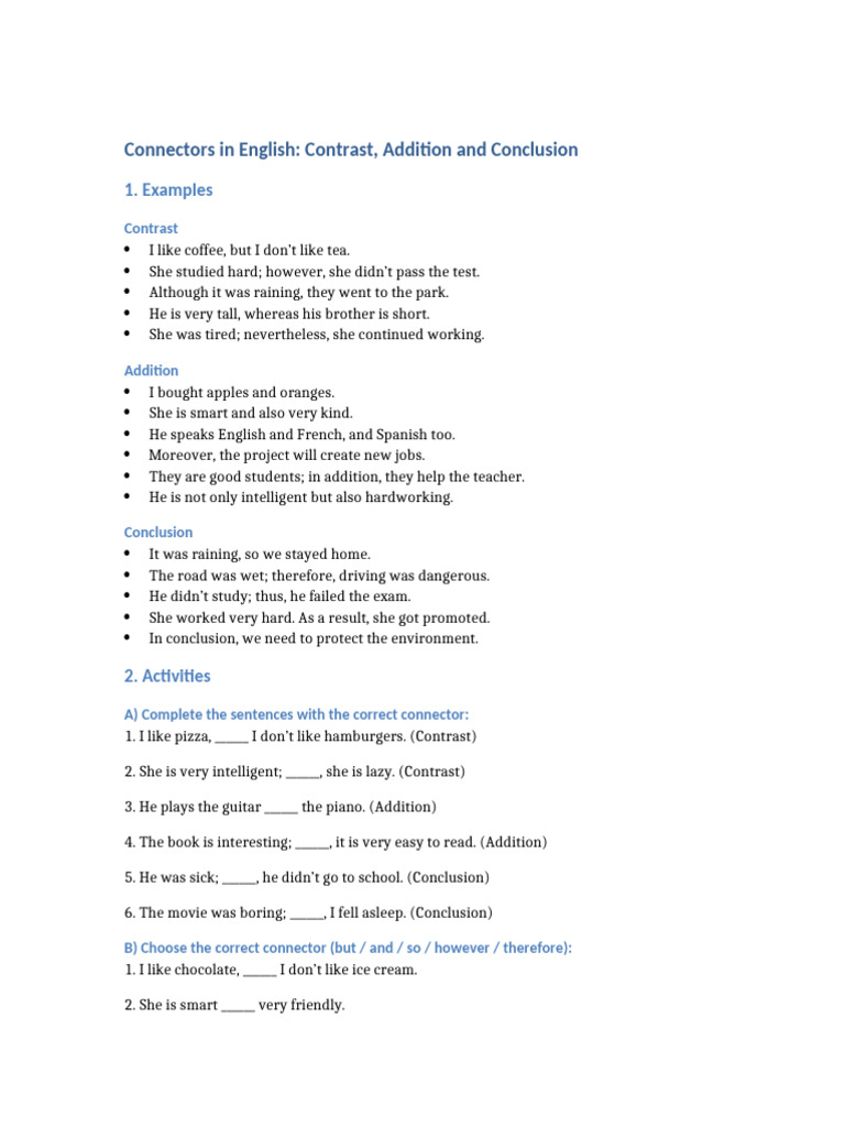 Connectors Activities With Table | PDF
