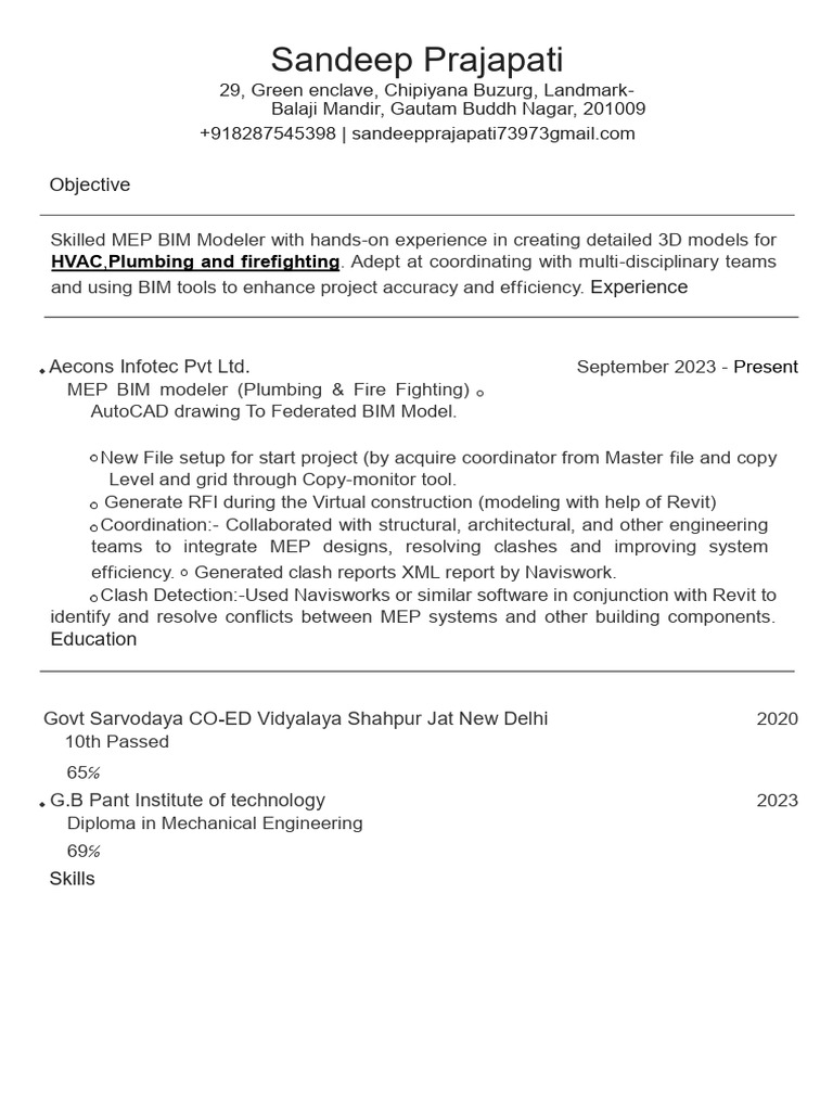 MEP BIM Modeler Resume and Experience | PDF | Building Information ...