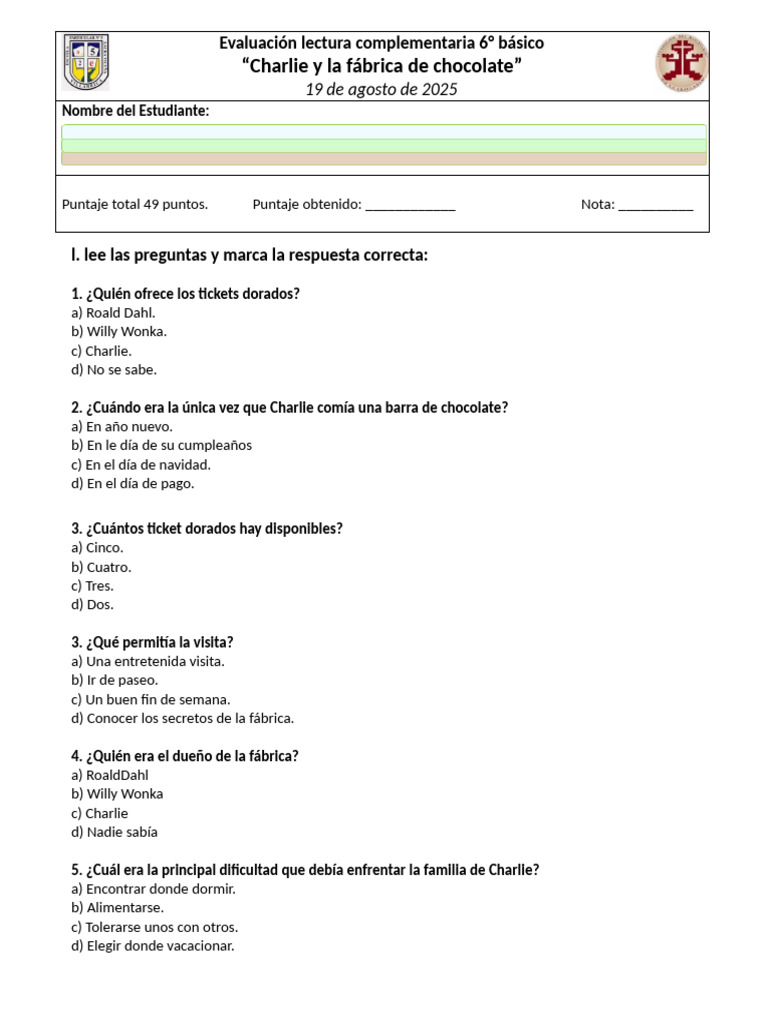 Evaluación lectura complementaria 6° charlie y la fabrica de chocolate ...